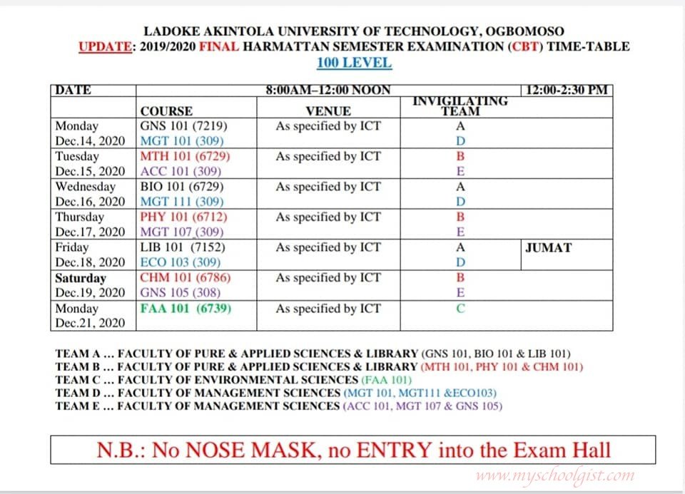 LAUTECH Exam Timetable for 2019/2020 2nd Semester