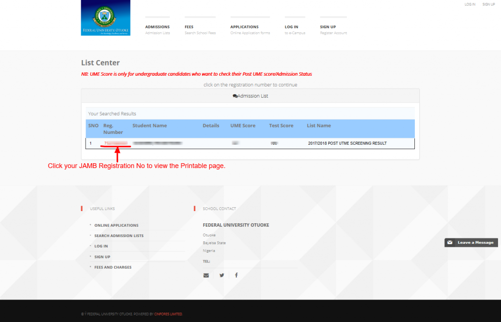 FUOtuoke Post UTME Result is Out 2020/2021