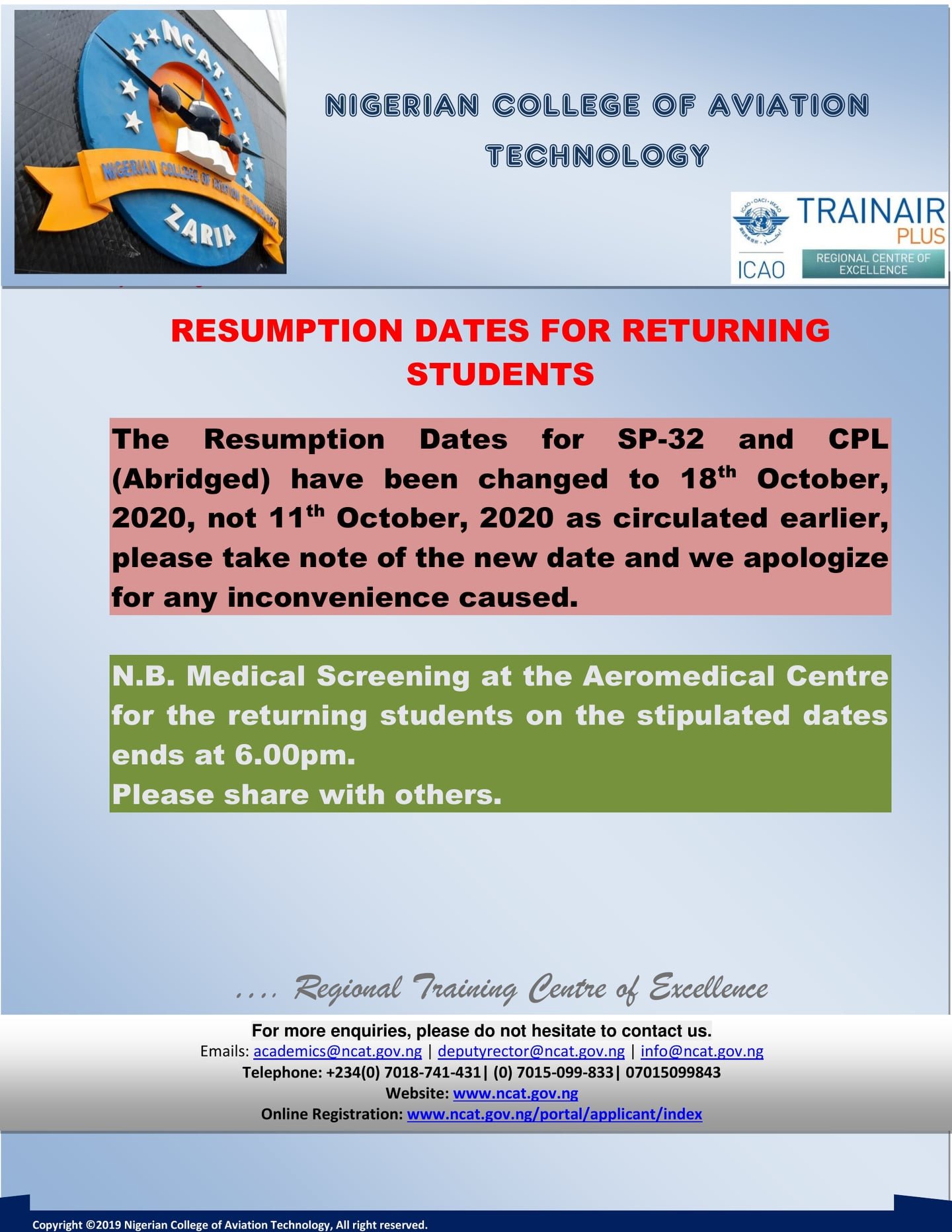 Post COVCID-19: NCAT Resumption Date for Training Activities