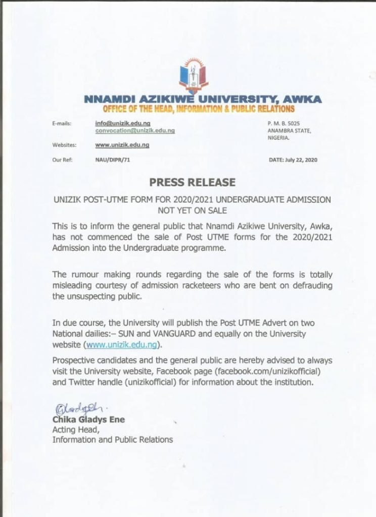 UNIZIK Has Not Commence Sale of Post UTME Forms 2020/2021