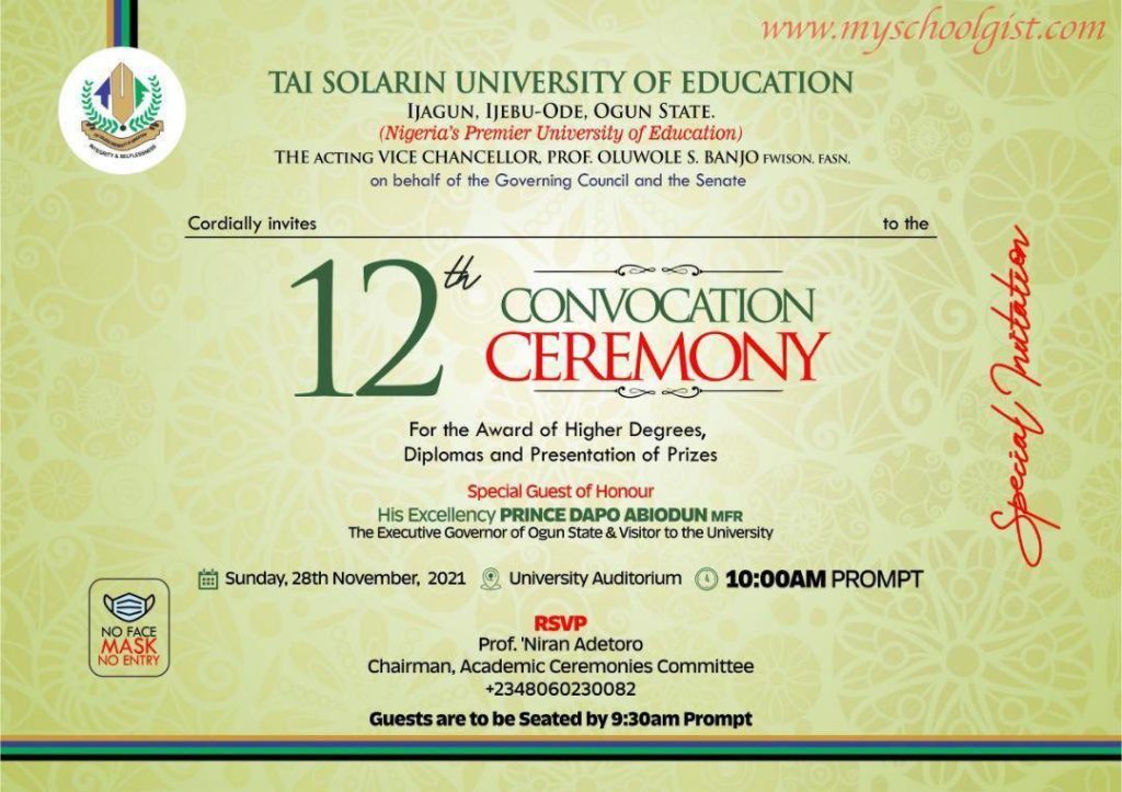 TASUED 12th Convocation Ceremony Programme of Events • MySchoolGist