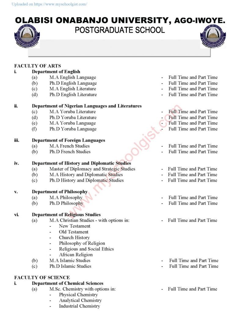 Olabisi Onabanjo University (OOU) Postgraduate Courses • MySchoolGist