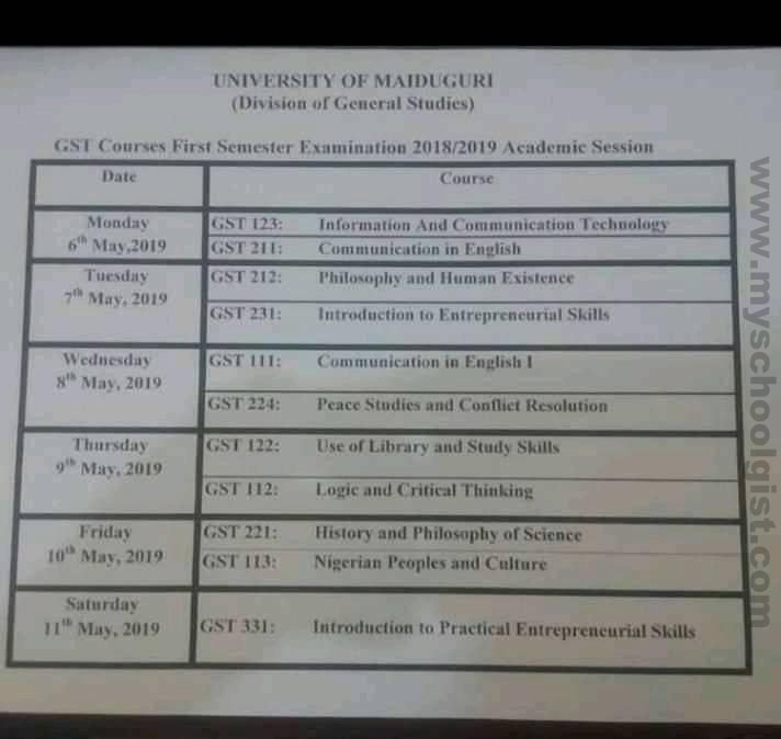 UNIMAID GST Exam Timetable 1st Semester 2018/2019