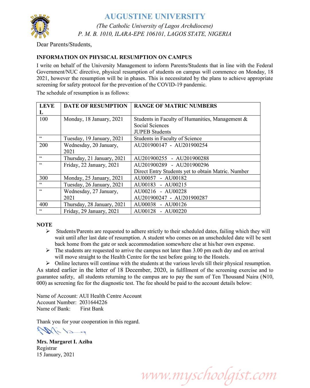 Augustine University Resumption Date 2020/2021 - MySchoolGist
