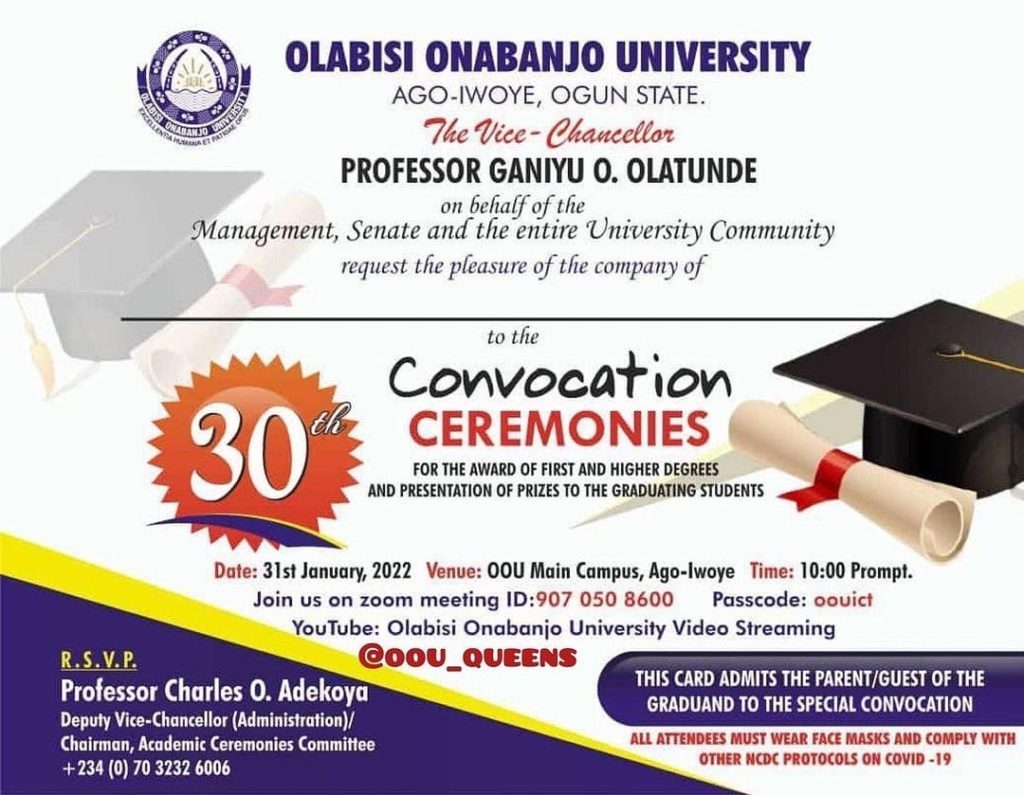 OOU 30th Convocation Ceremonies Programme of Events