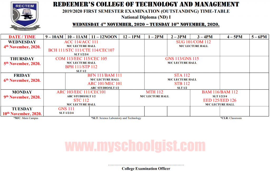 RECTEM Exam Timetable - 1st Semester 2019/2020