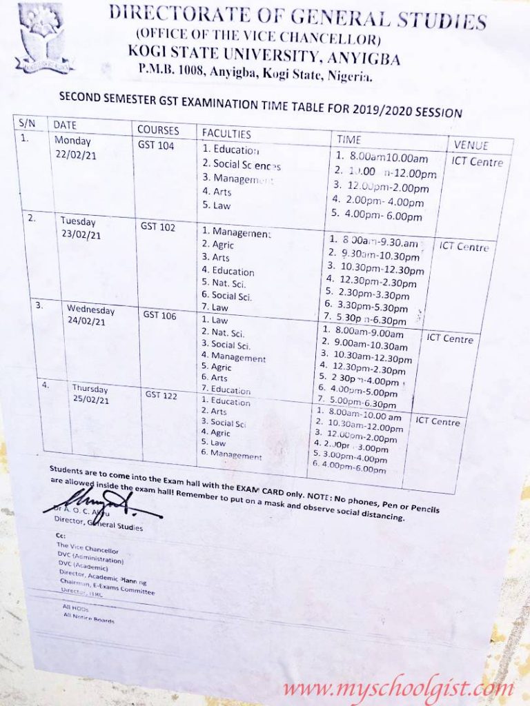 KSU GST Examination Timetable for 2nd Semester 2019/2020