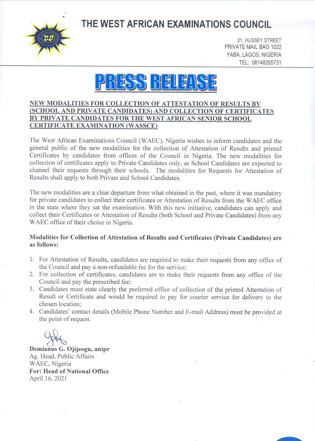 WAEC Attestation of Result and Certificate Collection Guidelines