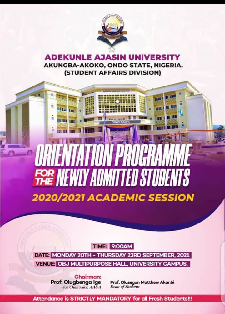 AAUA Orientation Ceremony Date for 2020/2021 Freshmen