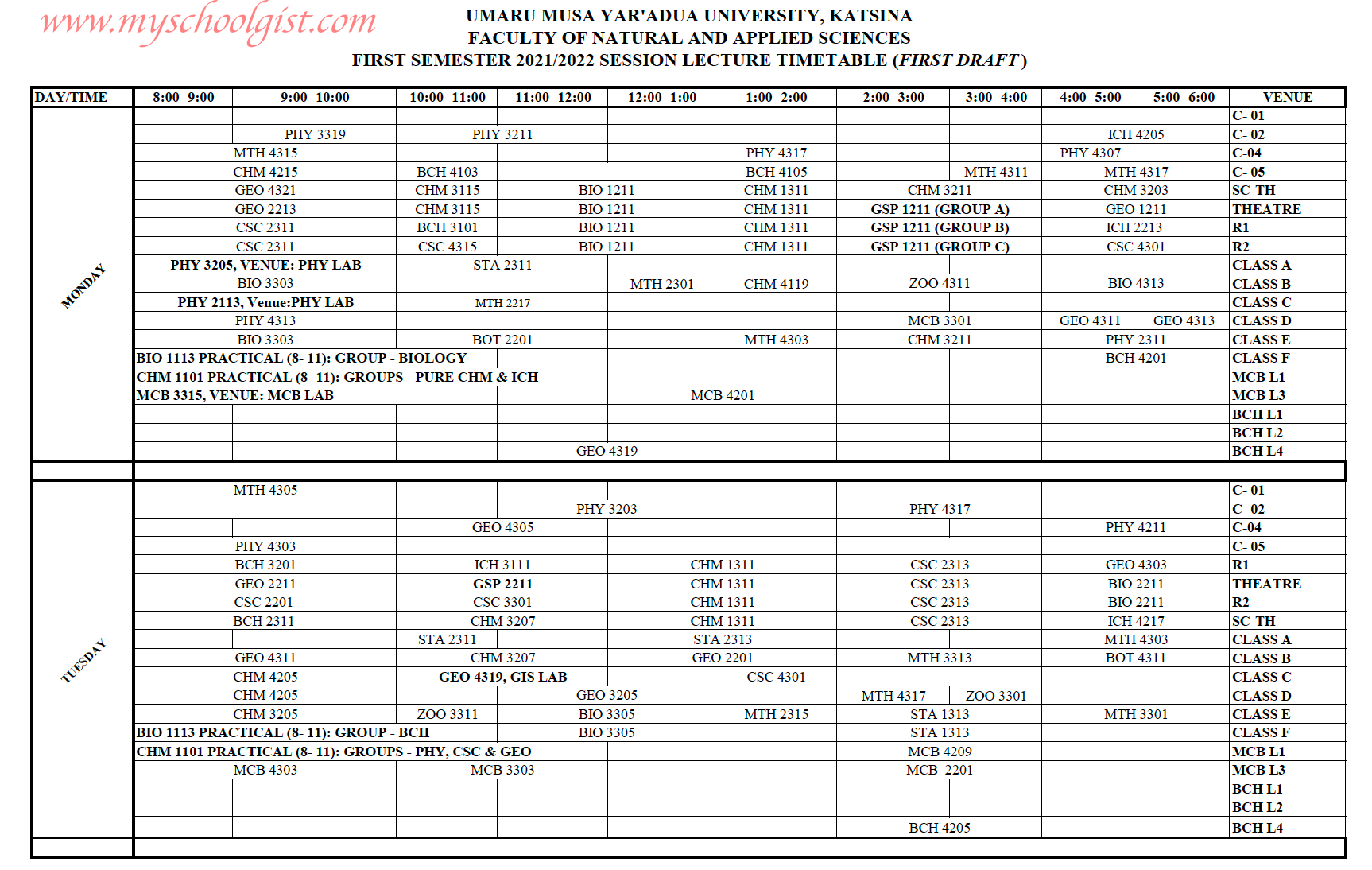 UMYU Lecture Timetable for 1st Semester 2021/2022