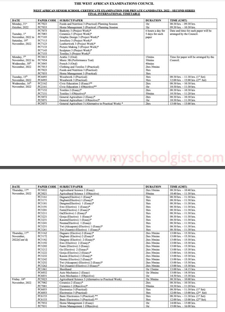 2022 WAEC GCE Timetable for 2nd Series