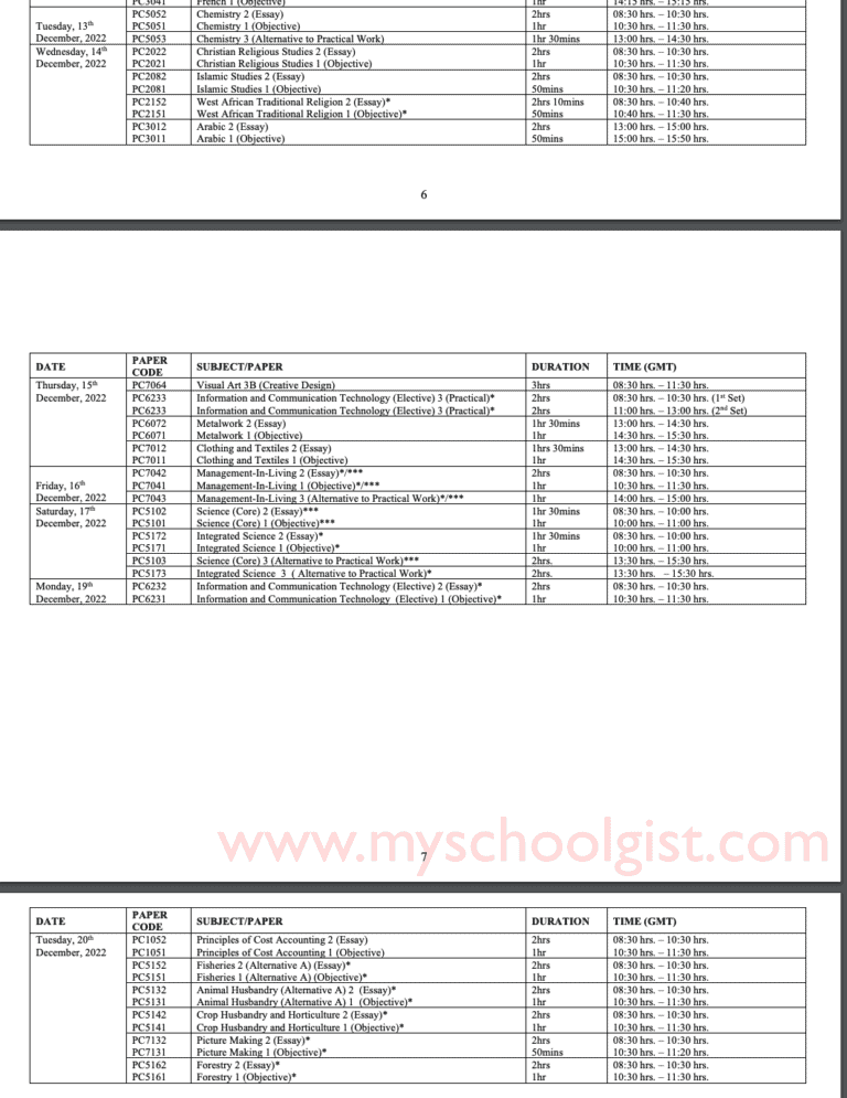 2022 WAEC GCE Timetable for 2nd Series