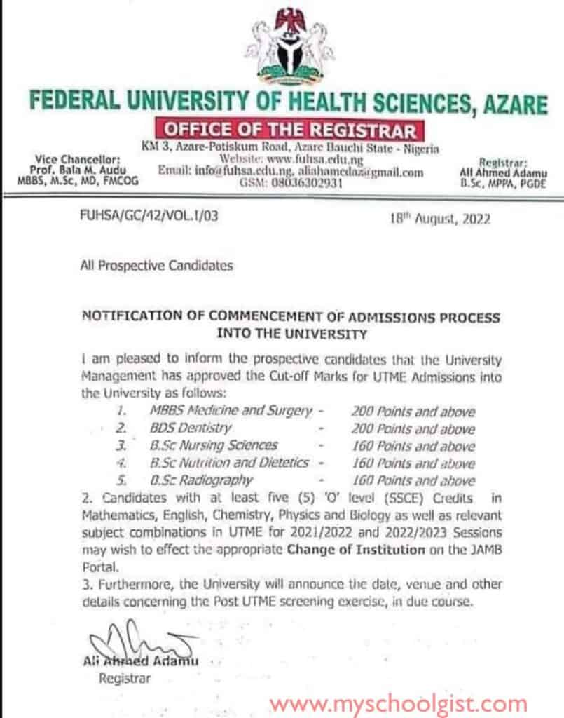 FUHSA Post UTME Form for 2022/2023 Academic Session