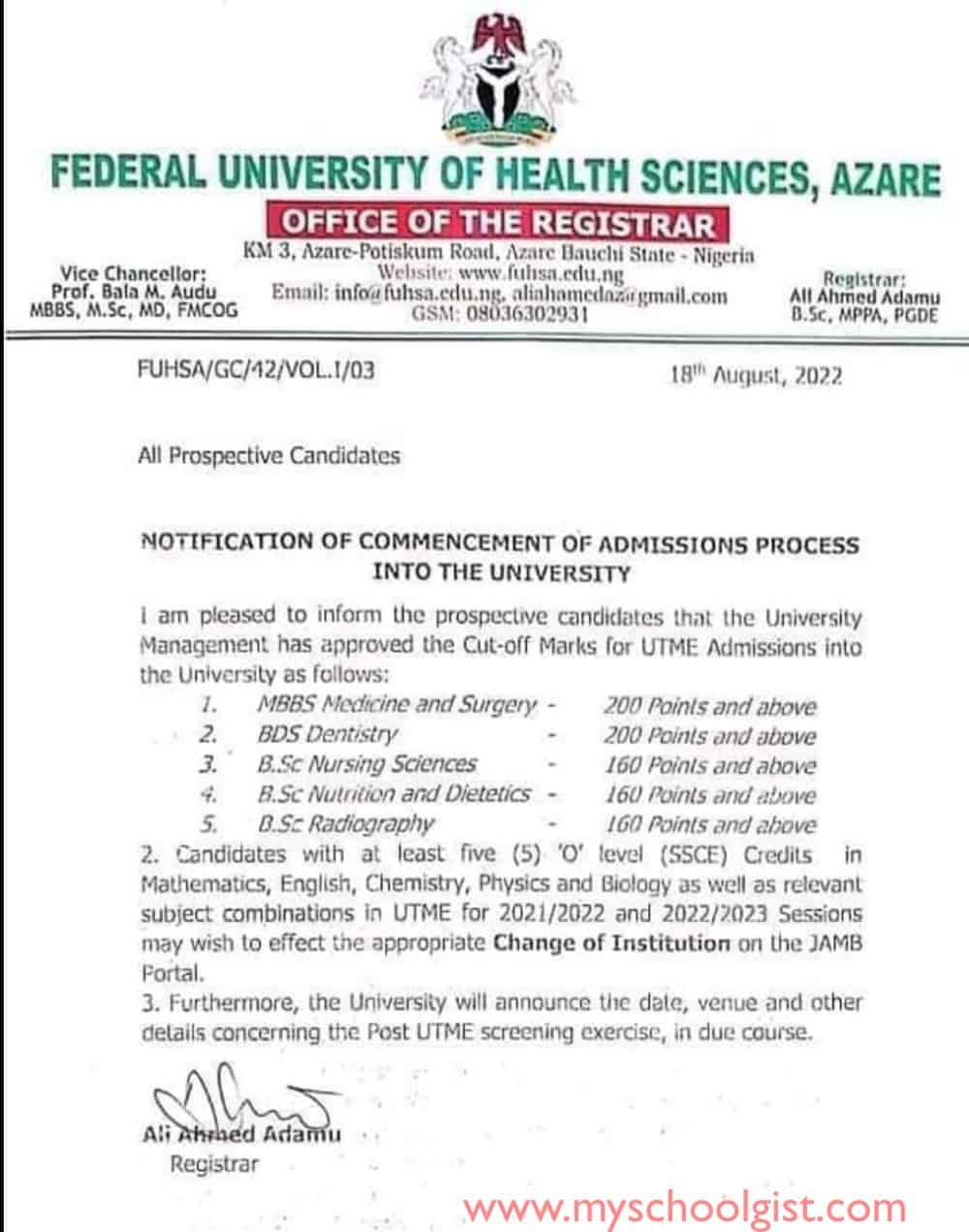 FUHSA Post UTME Form for 2022/2023 Academic Session
