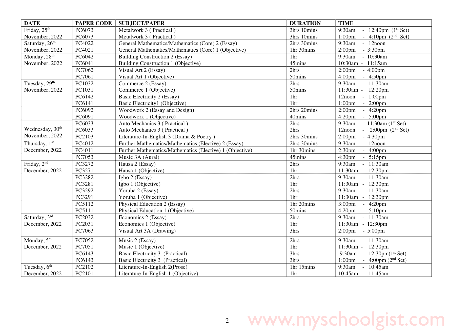 2022 WAEC GCE Timetable for 2nd Series