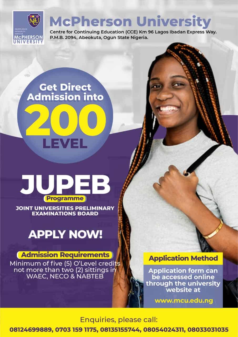 McPherson University JUPEB Admission Form 2022/2023