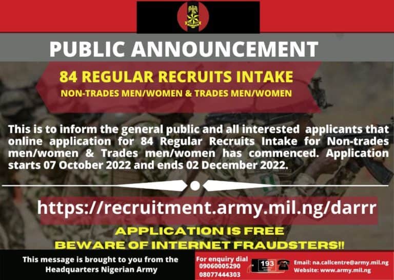 Nigerian Army Recruitment: How To Apply for 84RRI 2023