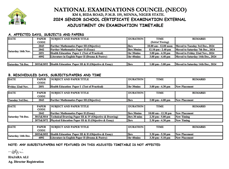 NECO GCE Timetable for 2025 SSCE External Candidates