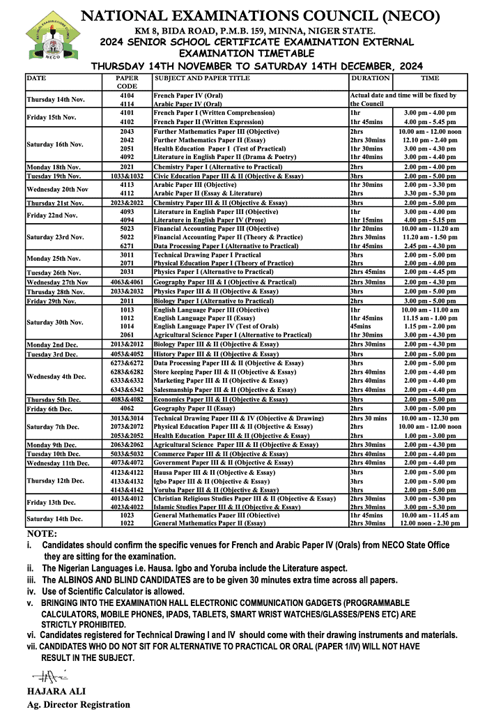 NECO GCE Timetable for 2025 SSCE External Candidates