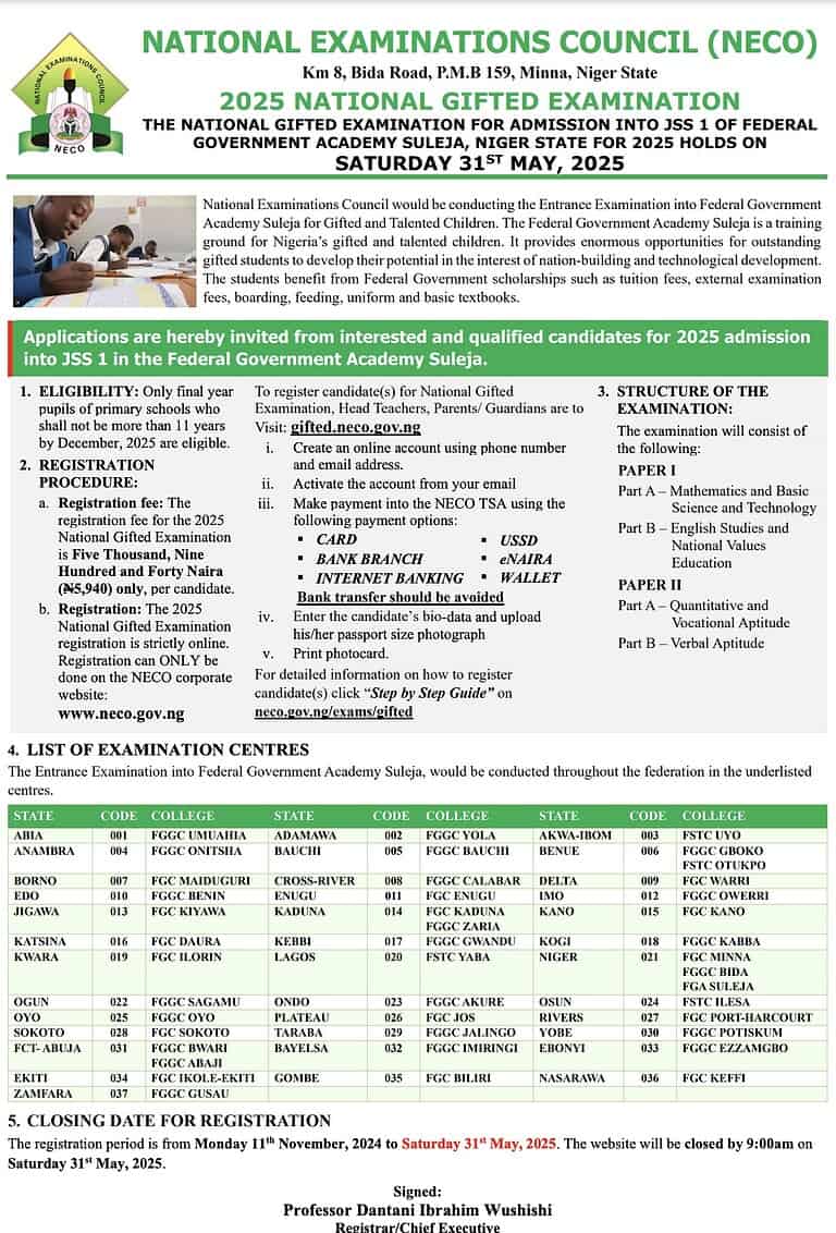 Federal Government Academy Suleja Admission 2025 | GIFTED