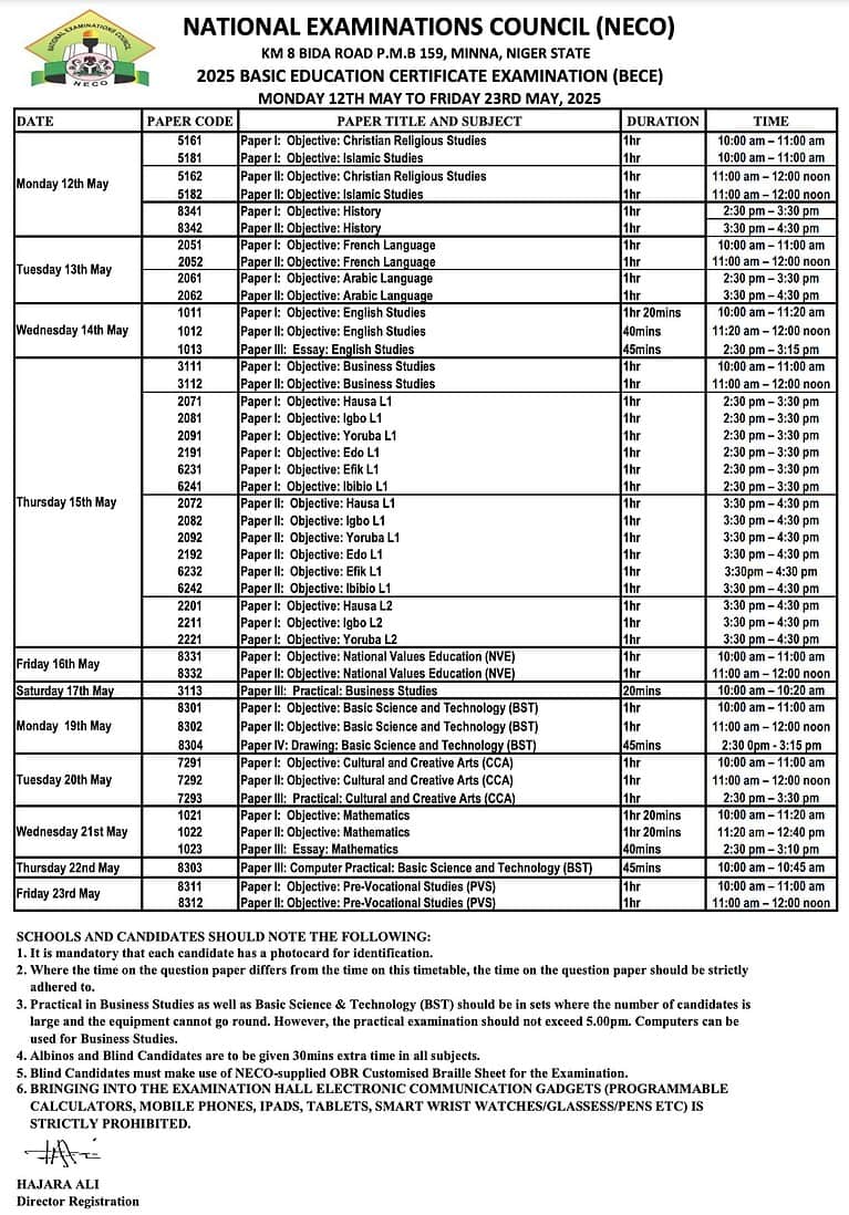 2025 NECO BECE Timetable for JSS 3 Candidates [Junior WAEC]